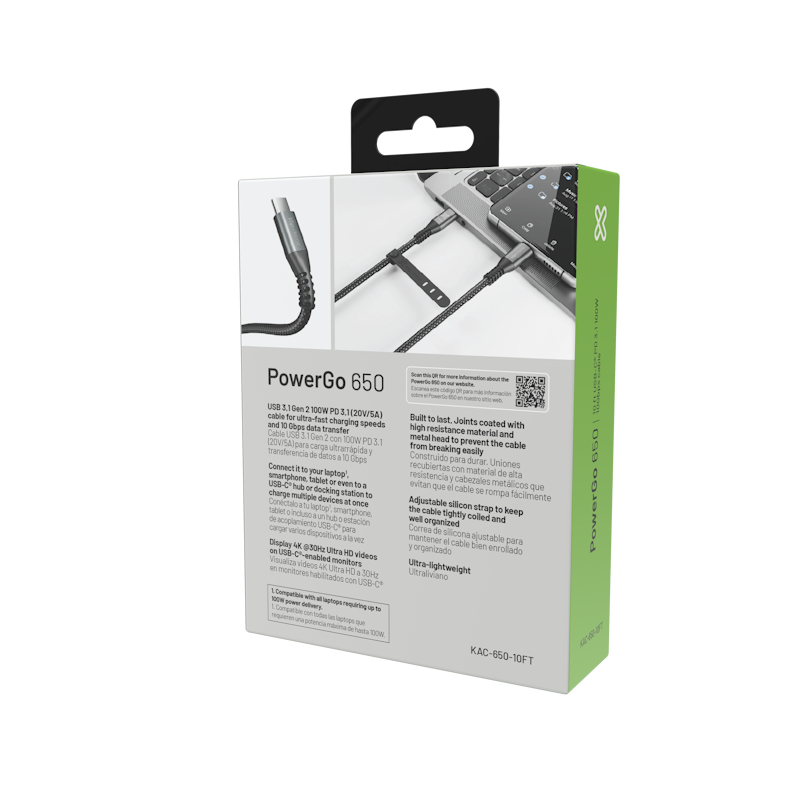 PowerGo 650 | Cable USB-C ® PD 3.1 100W 10Gbps - KAC-650-10FT | Klipxtreme