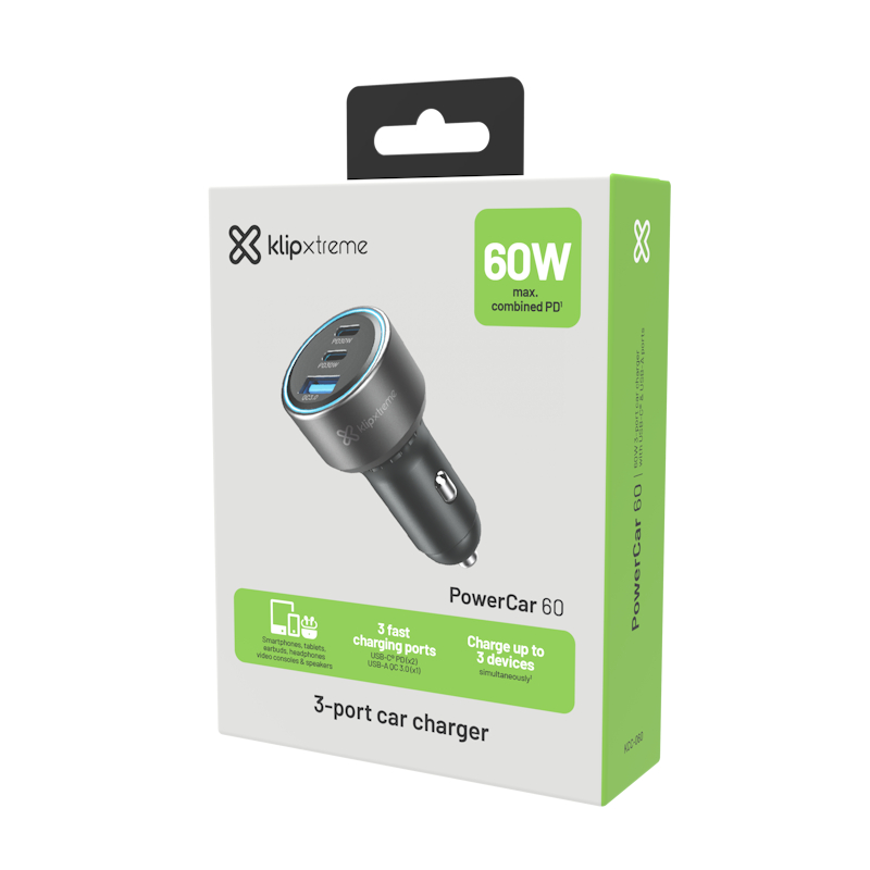 PowerCar 60 | Cargador de auto de 60W con puertos USB-C ® y USB-A - KCC-060 | Klipxtreme