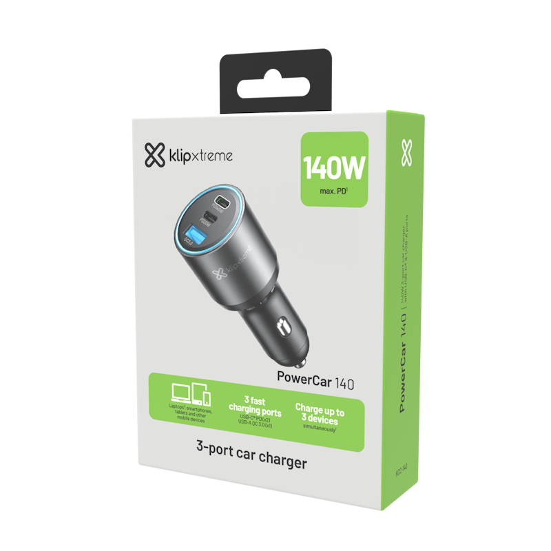 PowerCar 140 | 140W 3-port car charger with USB-C ® & USB-A ports - KCC-140 | Klipxtreme
