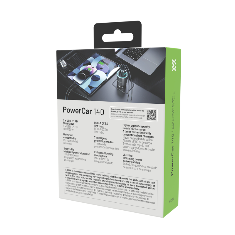 PowerCar 140 | 140W 3-port car charger with USB-C ® & USB-A ports - KCC-140 | Klipxtreme