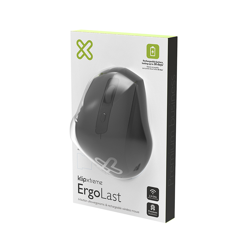 ErgoLast | Mouse de 6 botones inalámbrico, ultra-ergonómico y recargable - KMW-760 | Klipxtreme
